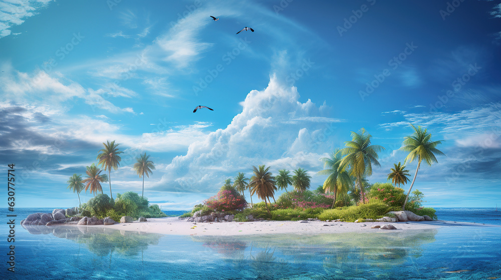 tropical island with palm trees and clouds in the distance, in the ...