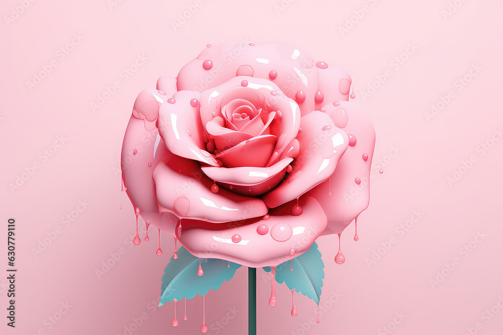 Creative rose flower with dripping drops of thick paint on flat pastel ...
