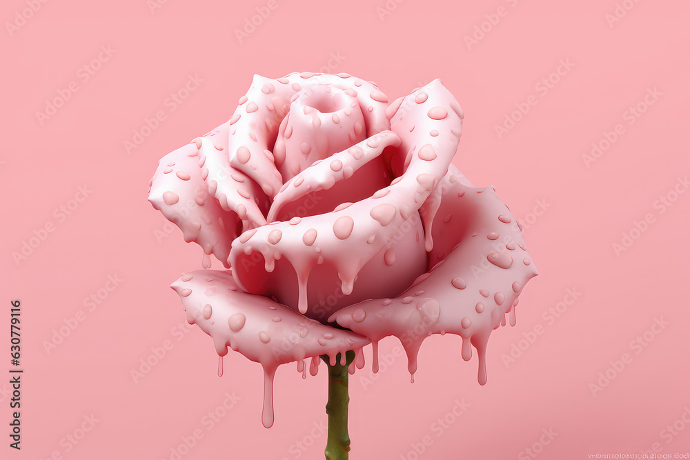 Creative rose flower with dripping drops of thick paint on flat pastel ...
