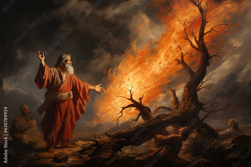 A reverent portrayal of Moses' encounter with the burning bush, a ...
