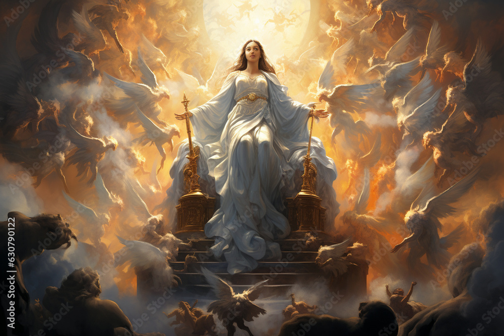 A majestic image of Mary crowned as the Queen of Heaven, surrounded by ...