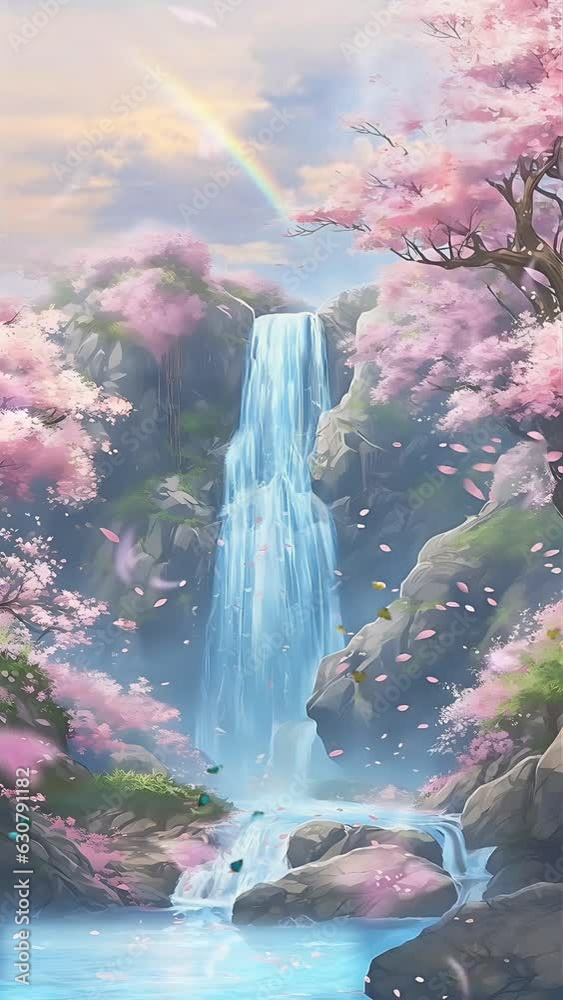 Beautiful waterfall spring background with sakura. Potrait angle ...