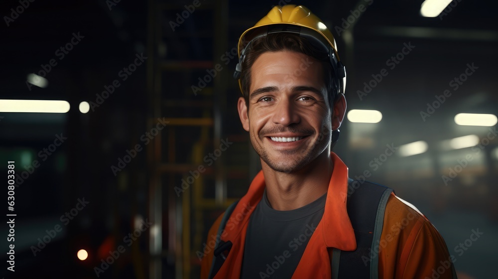 Engineer man leader smile with blured team of engineers standing ...