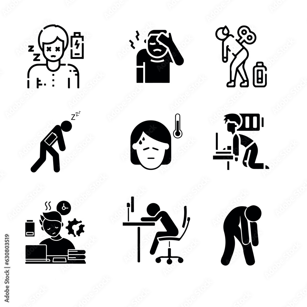 tired person, burnout at work. Icons with sleepy sick weak man with ...