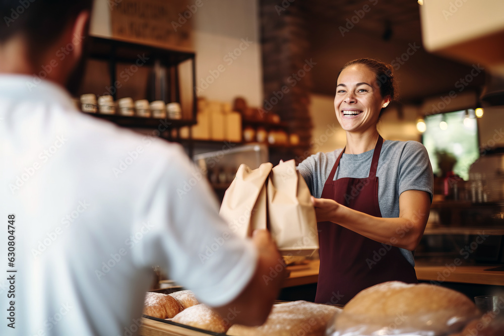 A candid shot of a smiling female baker, who's also the shop owner ...
