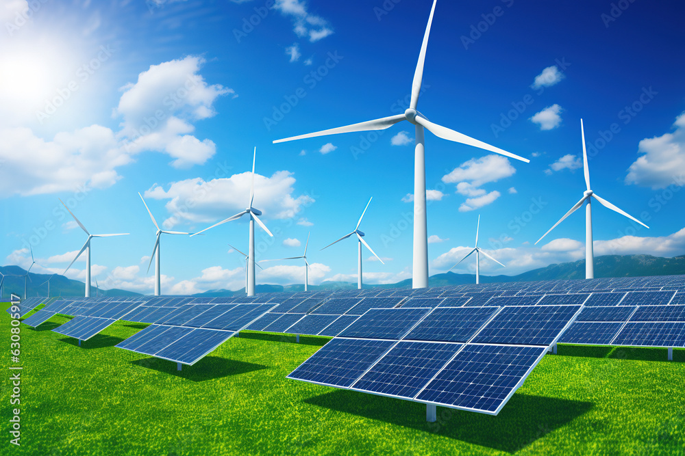 Renewable energy background with green energy as wind turbines and solar panels Stock Photo ...