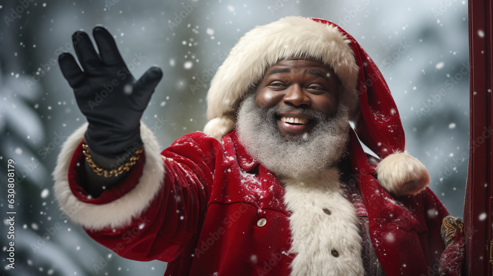 An enchanting photo of Black American Santa Claus waving goodbye as he ...
