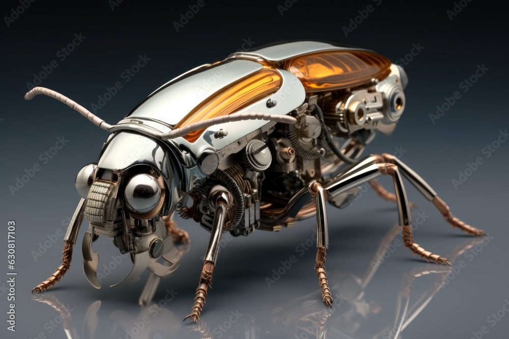 Reconnaissance robot cockroach, shiny steel nanodroid with yellow ...