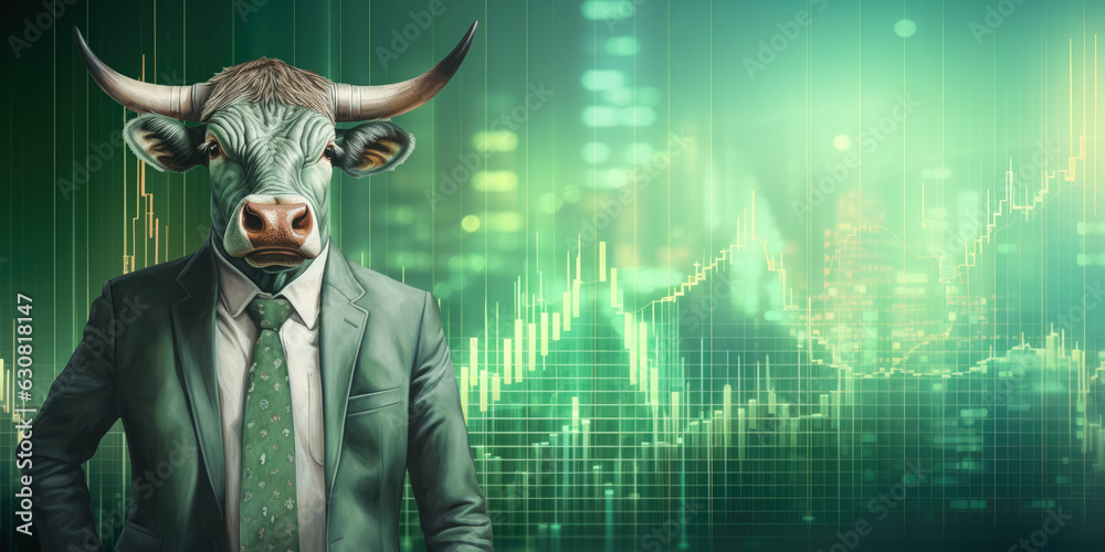 Bull market concept - animal in business suit, looking content and ...