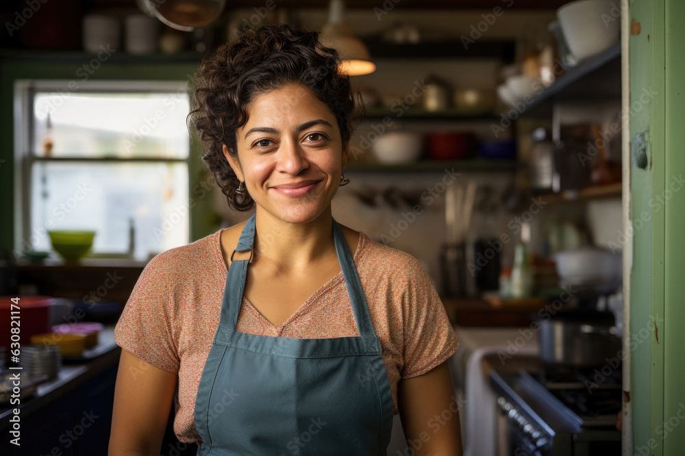Proud Hispanic woman posing in her kitchen clean-smiling mom standing ...