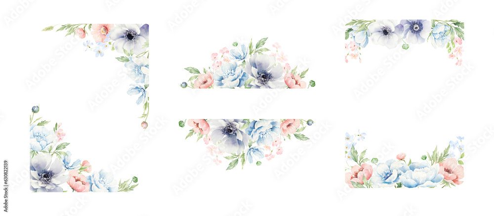 Watercolor floral wreaths and frames clipart. soft blue anemones, Pink ...