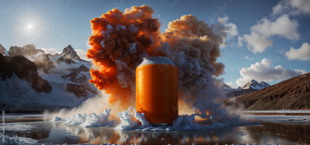 Fantastical Orange Soda Can Explosion in Mountainous Landscape. Orange ...