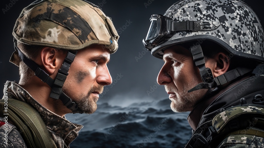 Two opposing soldiers in helmets stand face-to-face looking seriously ...