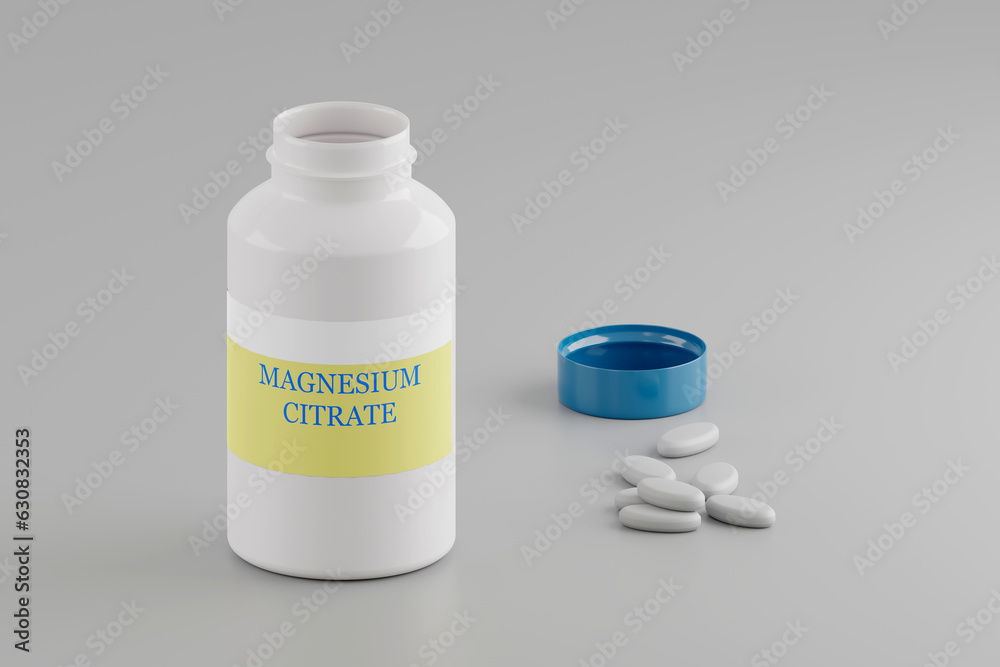 Magnesium citrate. Magnesium citrate tablets next to plastic bottle ...