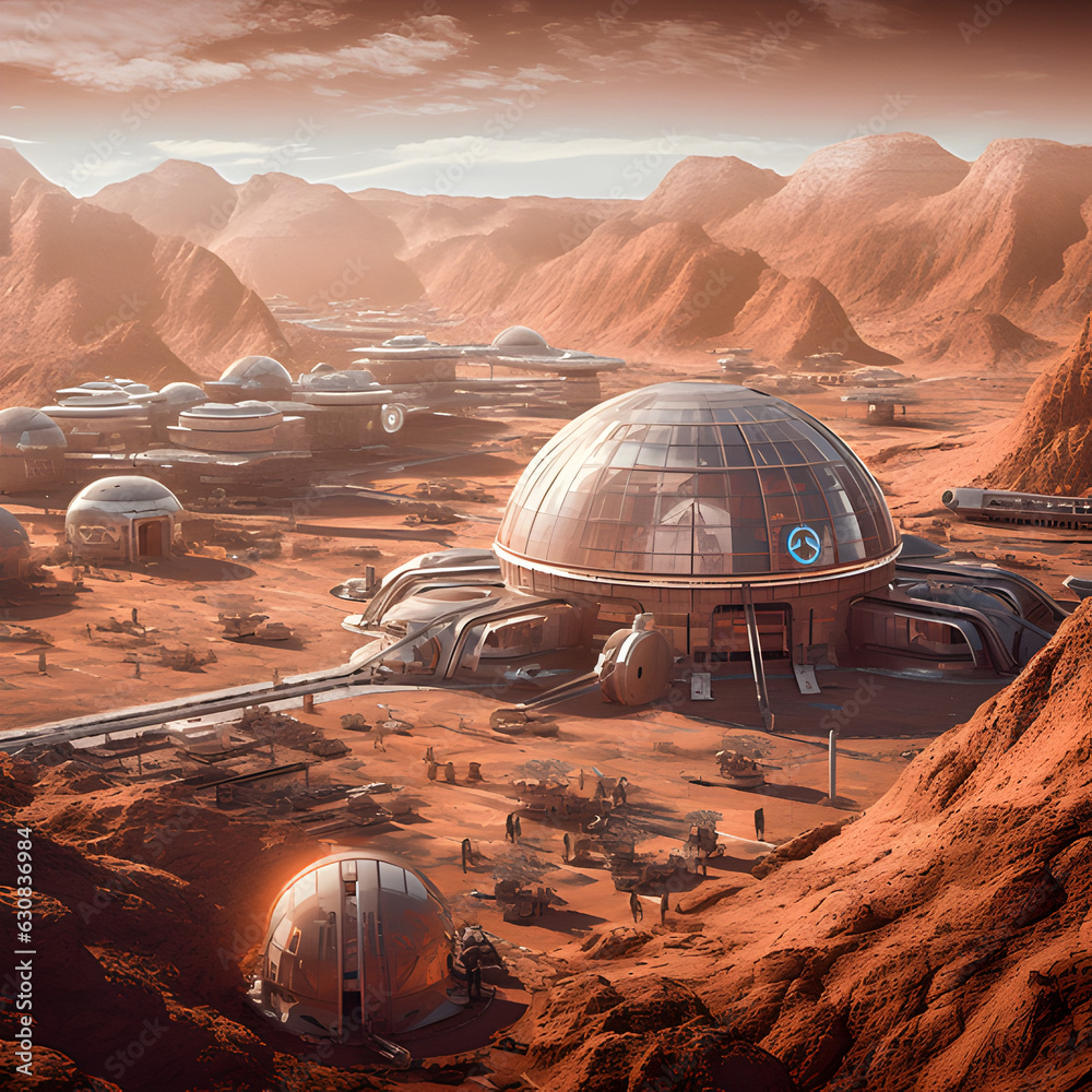 Mars colony with bases and futuristic systems, represents space travel ...