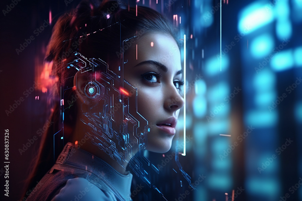 Foto de Generative ai collage photo of lady using modern technology ...