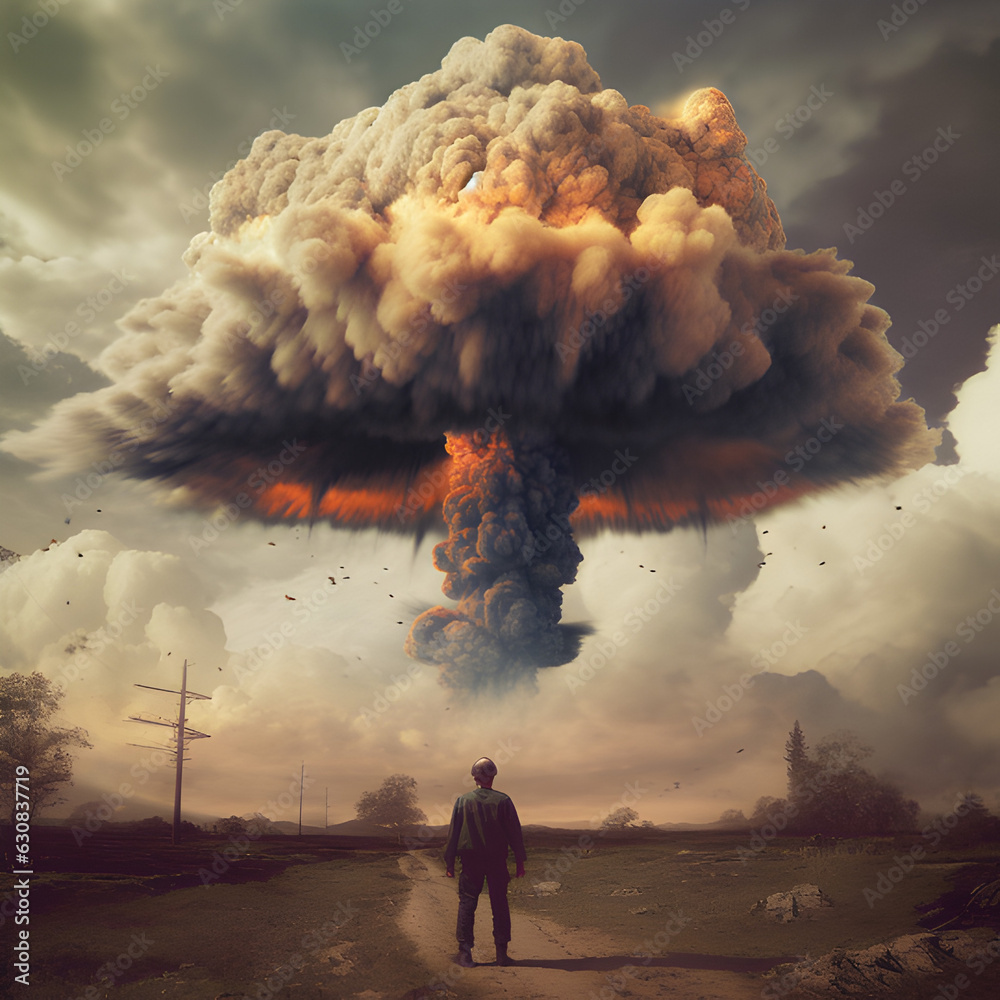 A mushroom cloud in the distance as a man looks onward toward it ...