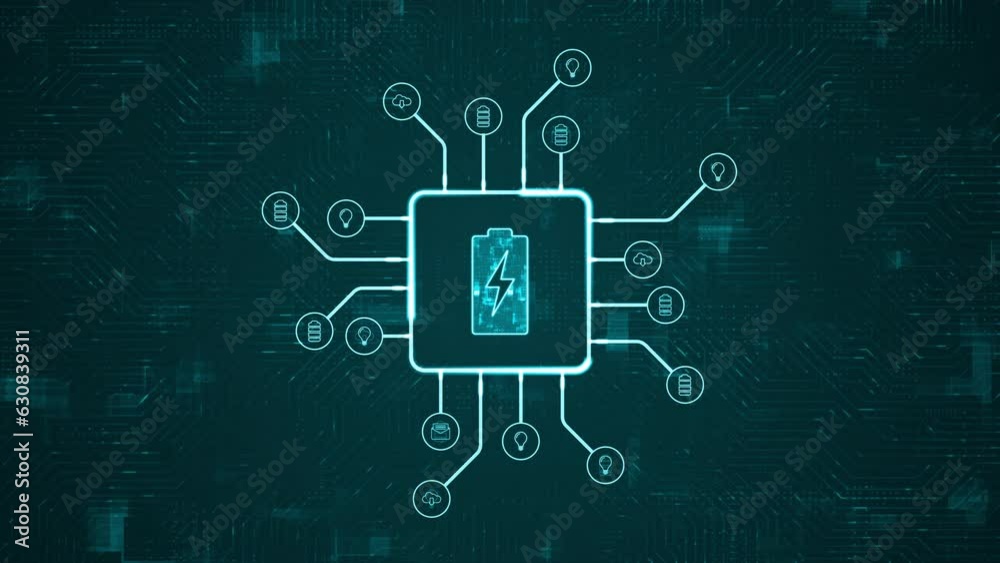Motion graphic of Blue digital battery logo and futuristic HUD ...
