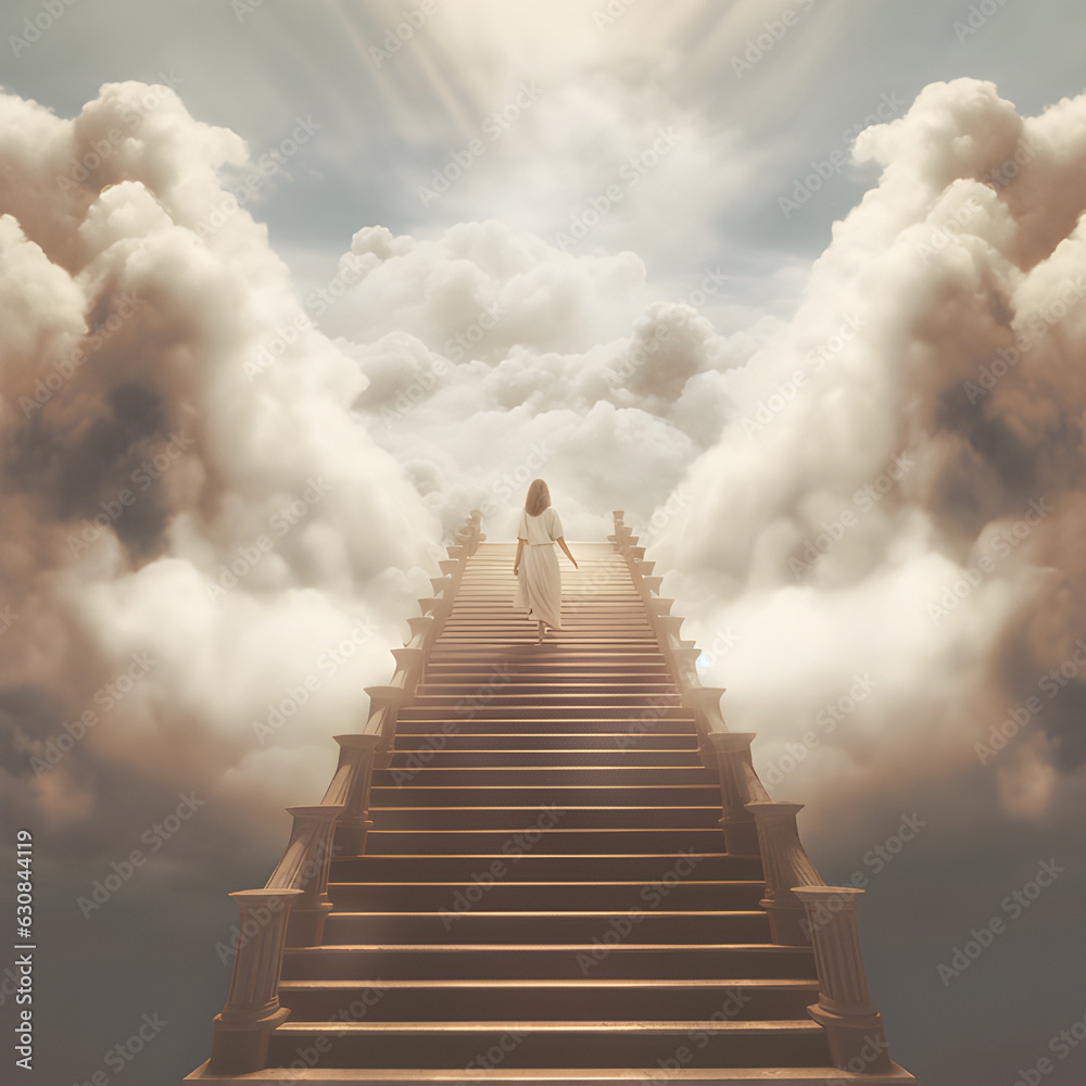 A straightway leading to the heaven with a bright light and fluffy ...