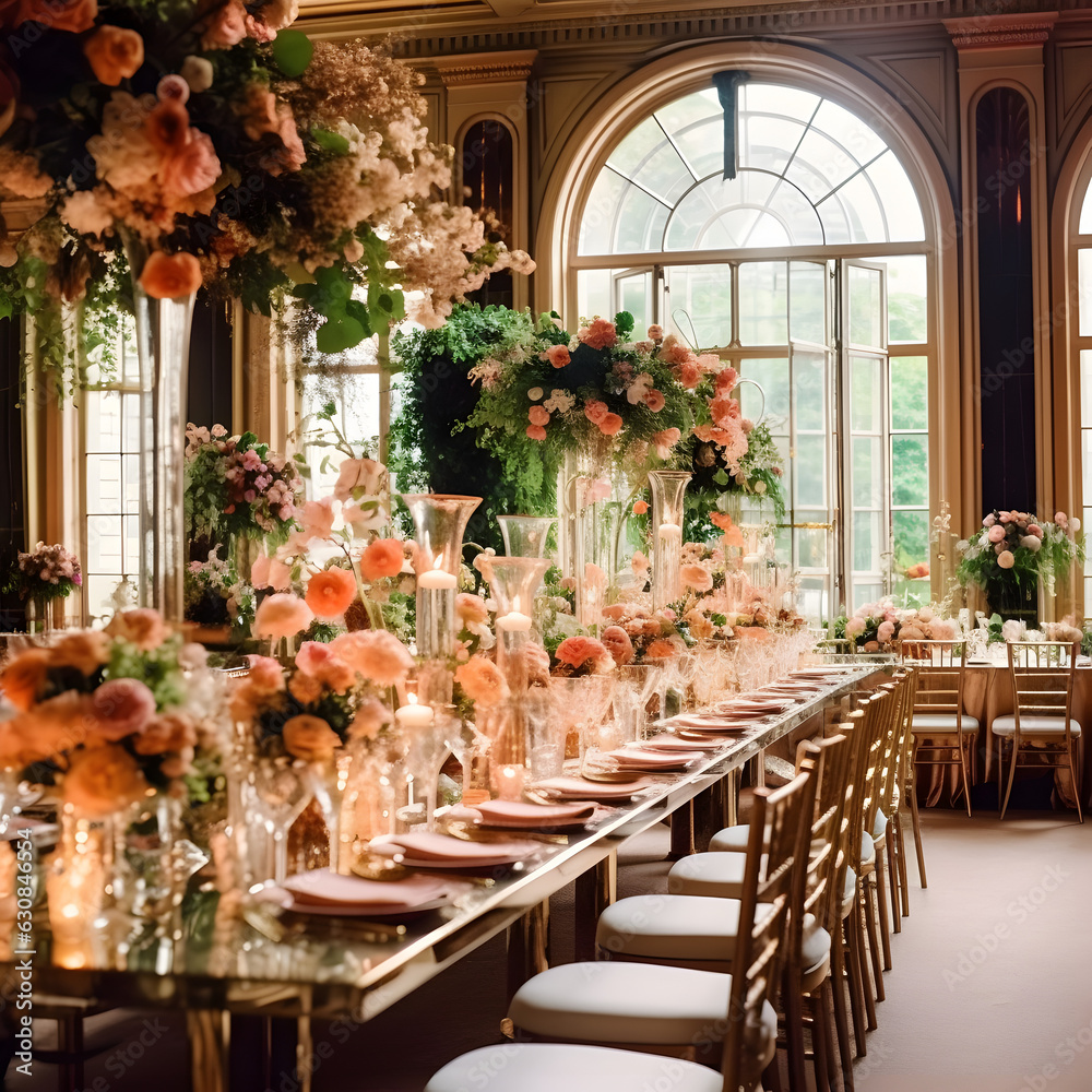 Wedding reception dinner tables shown with various pink flowers, chairs ...