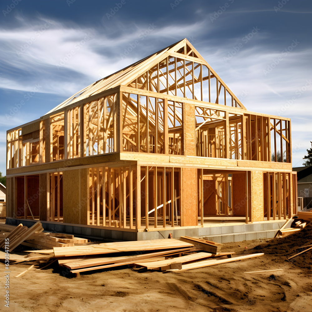 Wood Frame home construction worksite showing the early building ...