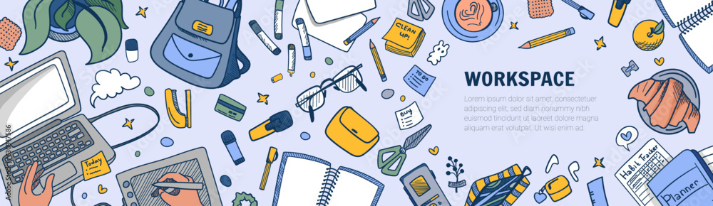 Workspace doodle big set for creator, writer, editor, artist, designer ...