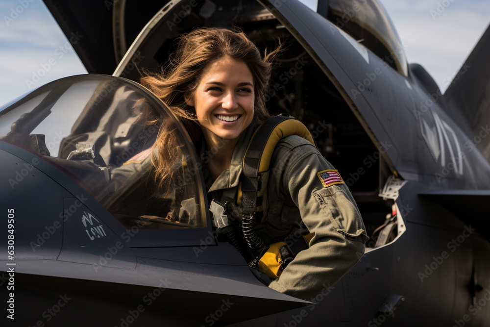 Female pilot of a military aircraft fighter poses with an airplane and ...