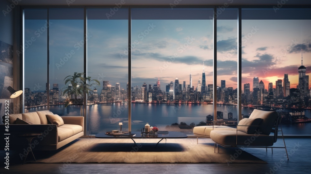 Modern glass windows spanning from floor to ceiling, framing the city ...
