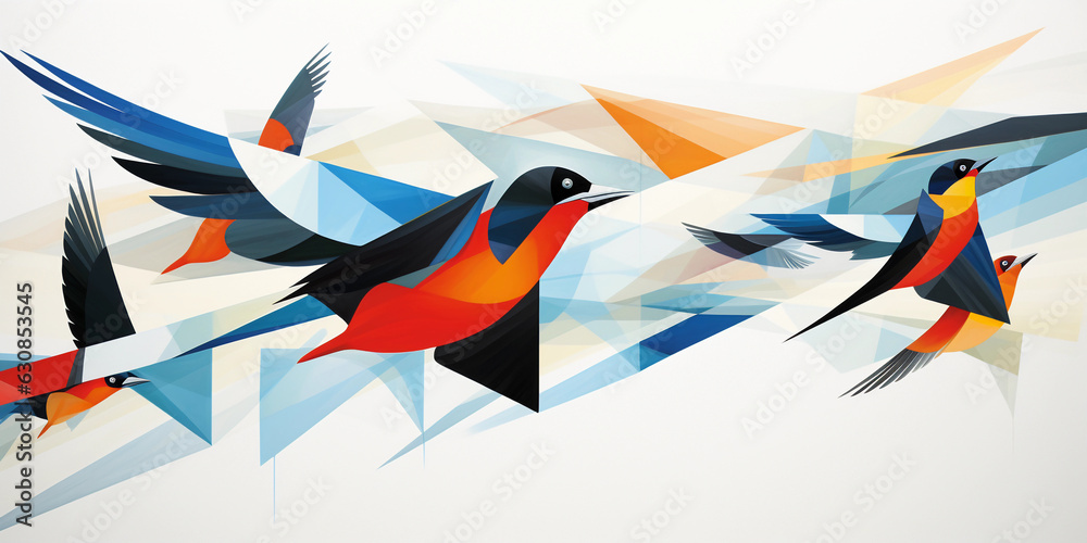 Abstract geometric representation of various bird species in flight ...