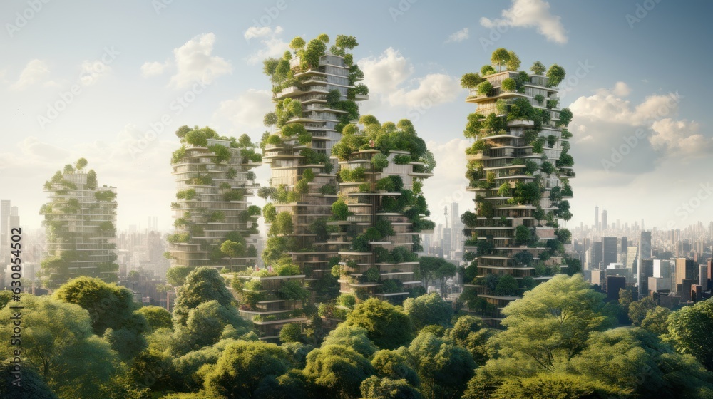 Vertical residential tower design with lush forest trees surrounding ...