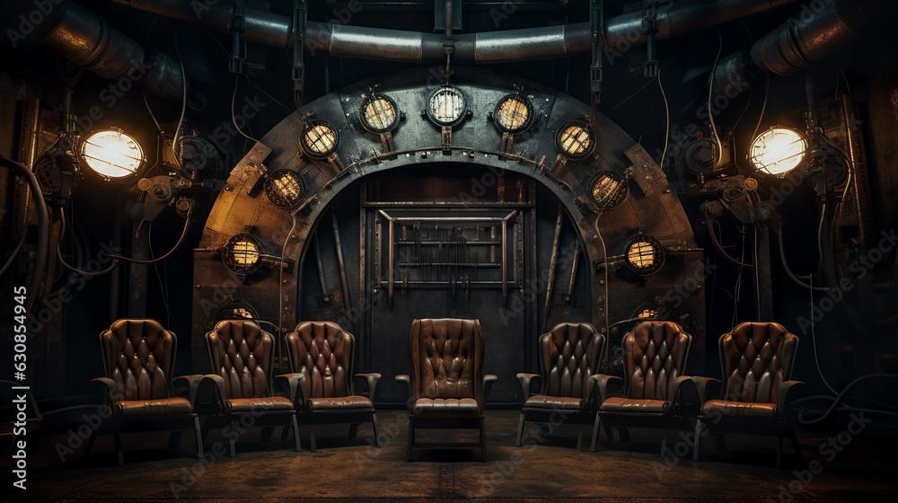 Dark dieselpunk theater screening room interior and chamber hall with ...