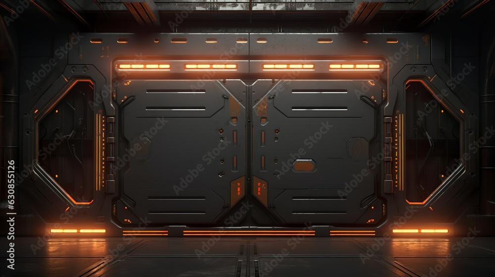 Dark sci-fi hangar door and hall chamber entrance interior futuristic design Stock Illustration ...
