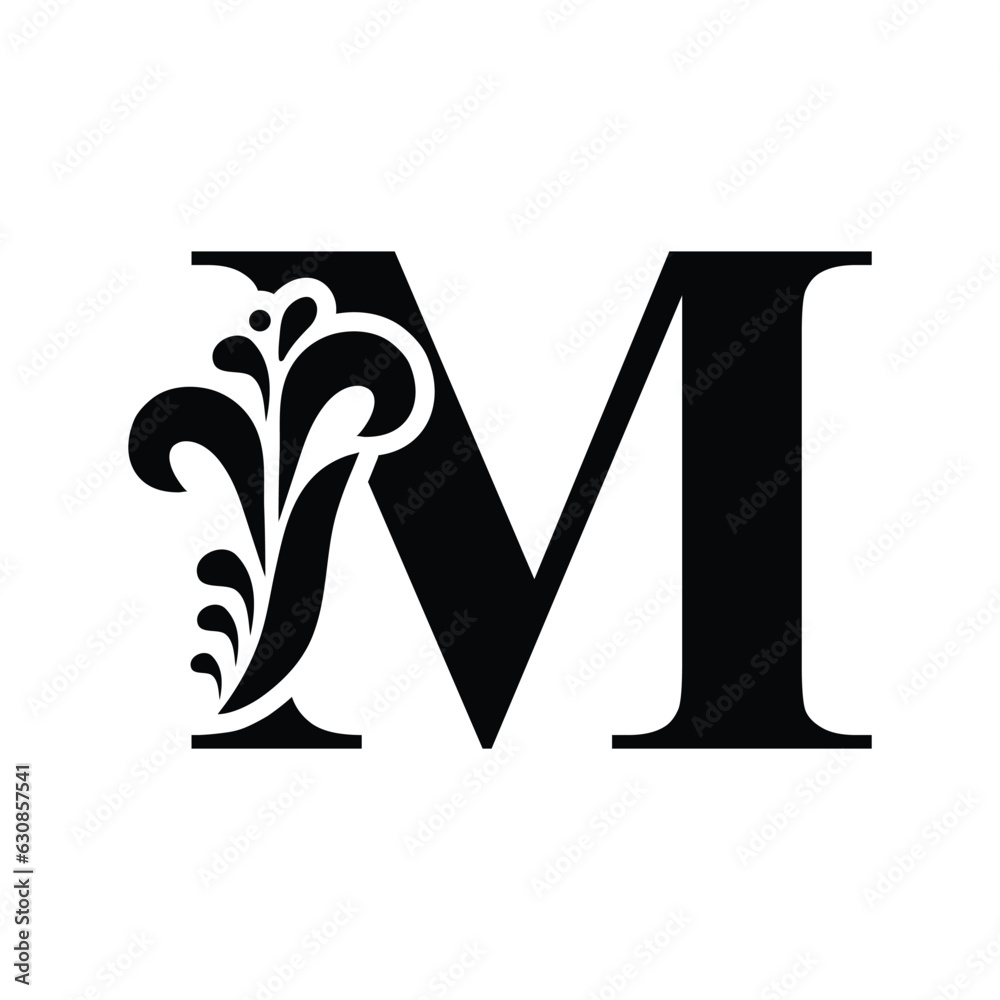 capital letter M. Black flower alphabet. Beautiful capital letters with ...