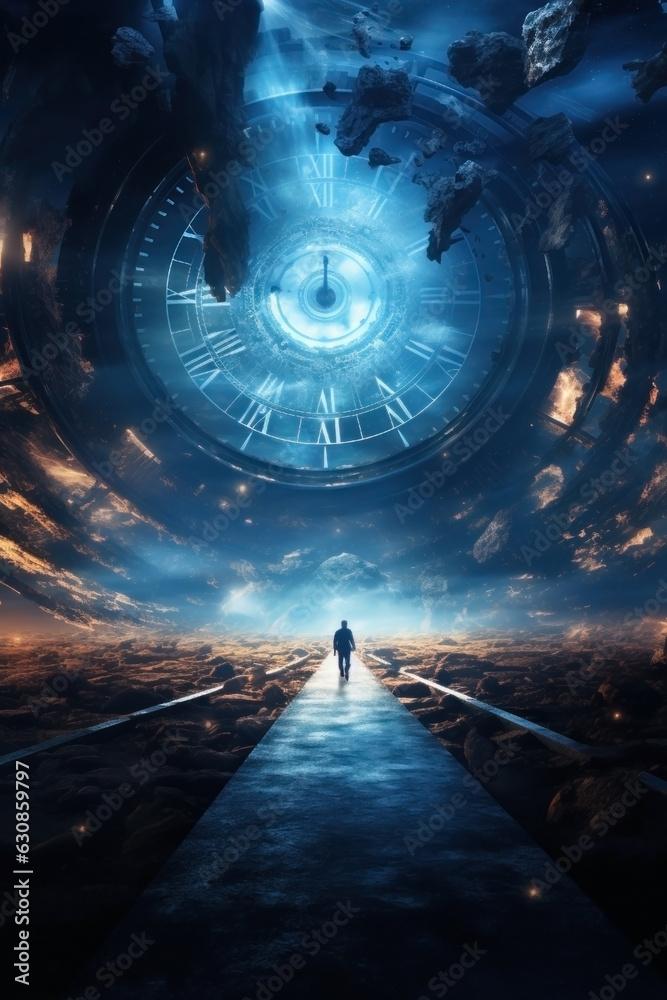 man walking towards a giant glowing clock in the sky. time travel ...