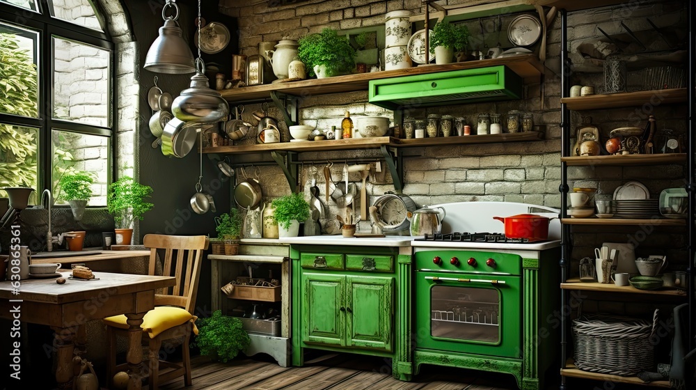 Retro Green Kitchen with Vintage Furniture in Old Loft Room with ...