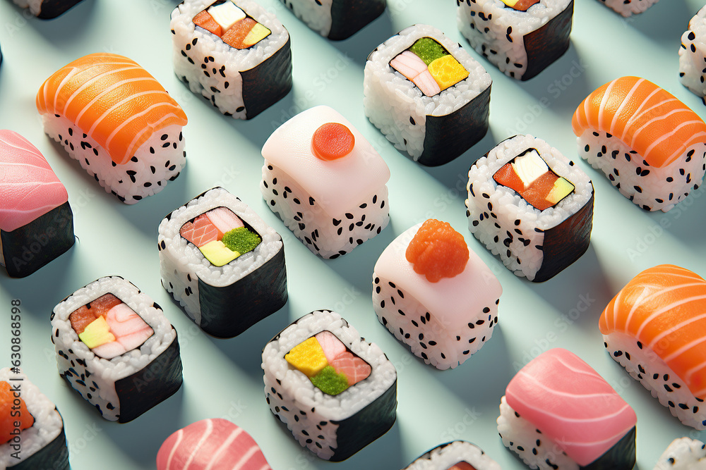 Colorful sushi maki rolls pattern on pastel background. Healthy asian ...