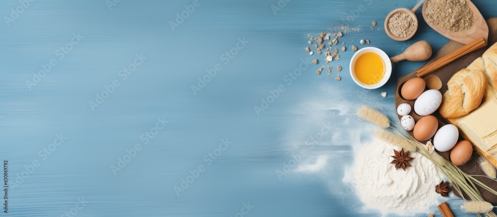 Healthy baking ingredients such as flour, almond nuts, butter, eggs ...