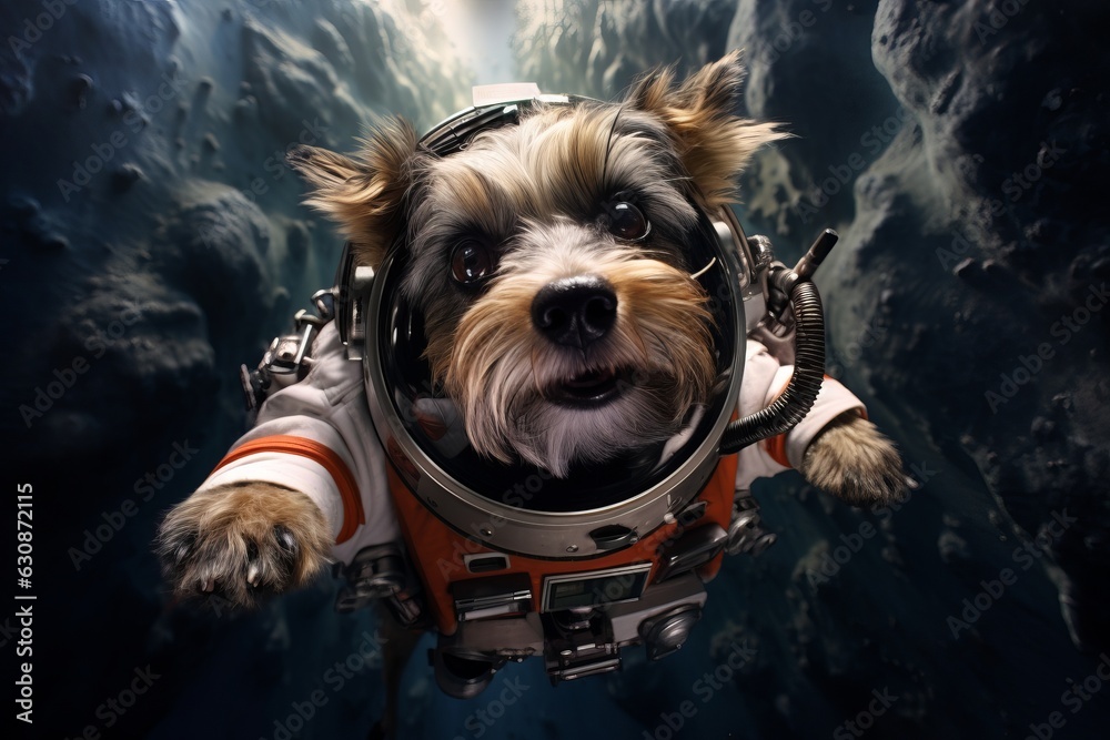 a dog wearing an astronaut suit and helm floating in the colorful space ...