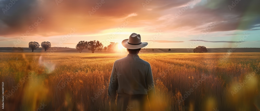 Sunset's Technicolor Harvest: A Visionary Farmer in a Cowboy Hat ...