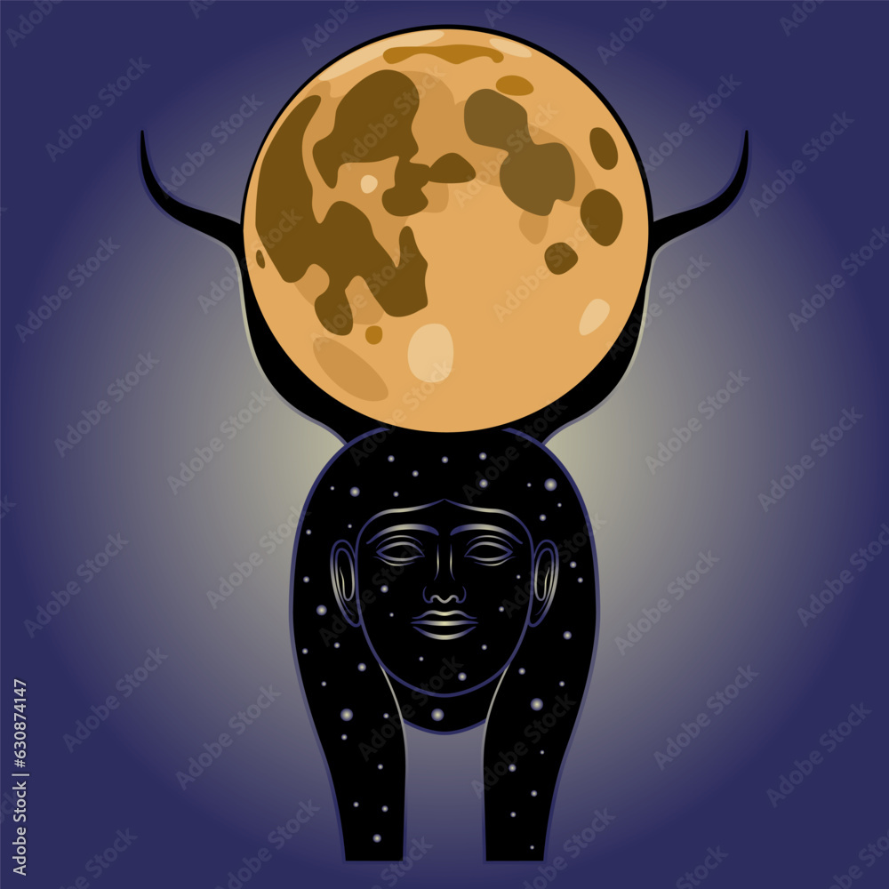 Head of ancient Egyptian goddess Hathor holding shining full moon between animal horns. Stock ...