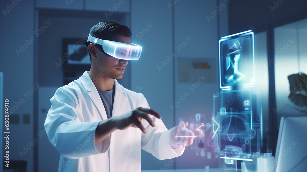 male doctor wearing virtual reality glasses to visualize the digital ...