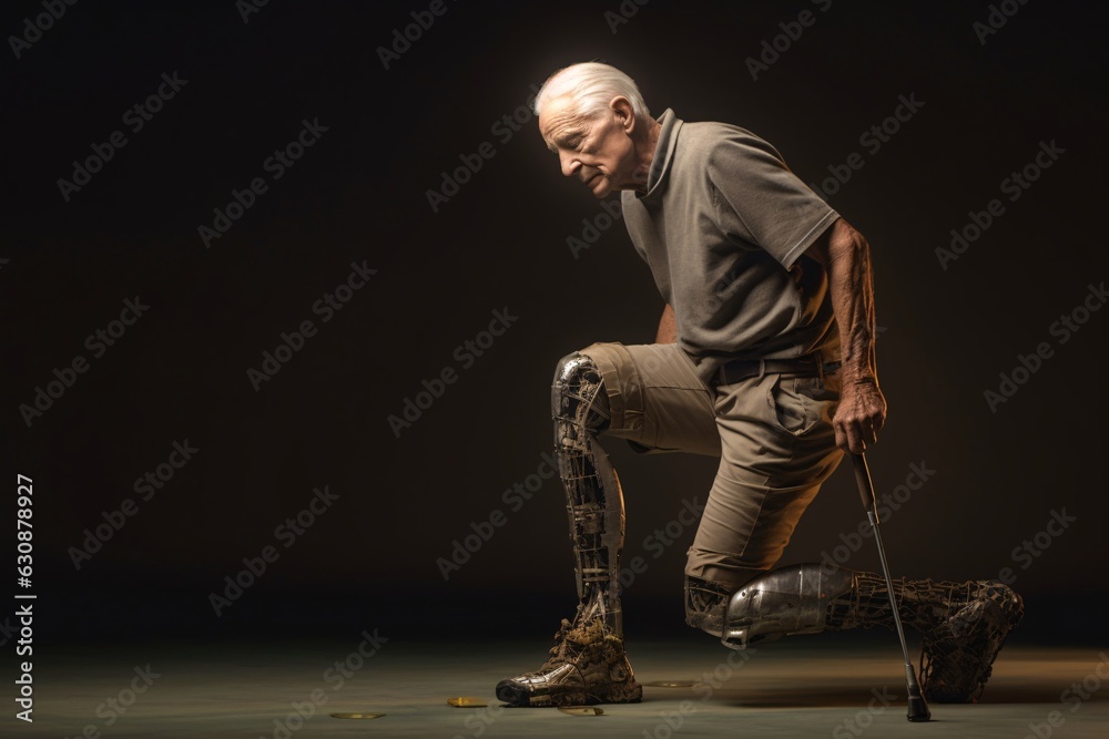 Full length portrait of an elderly man with prosthetic leg on dark ...