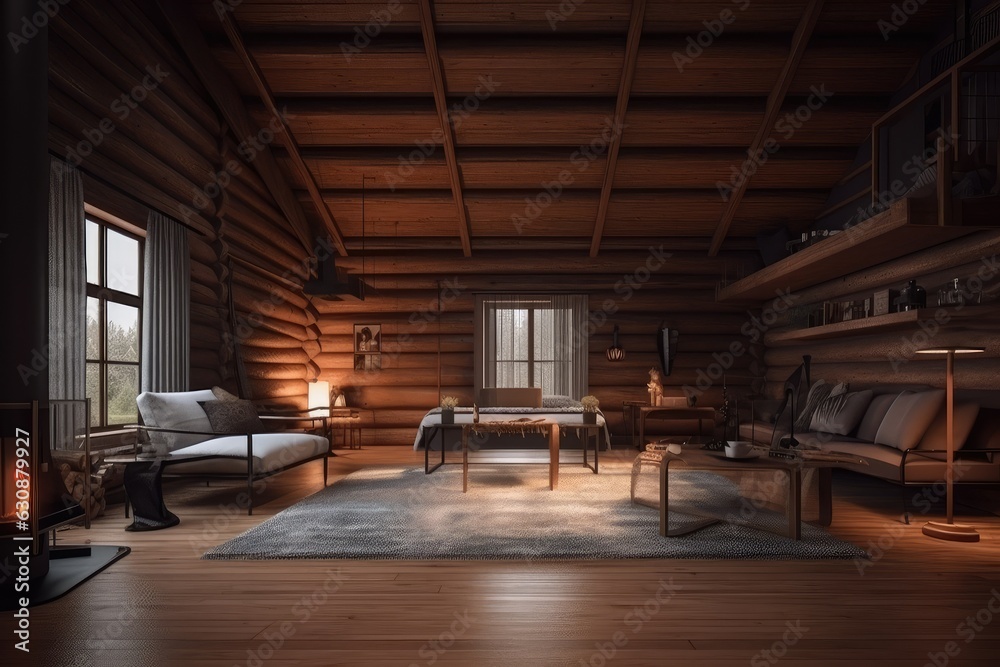 Home mockup cozy log cabin interior background, AI generated Stock ...