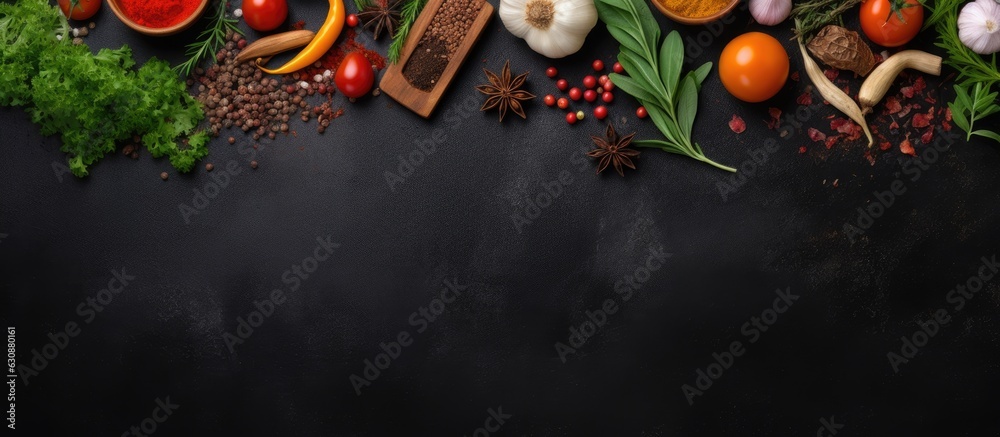 food cooking background, with a cutting board, spices, herbs, and ...
