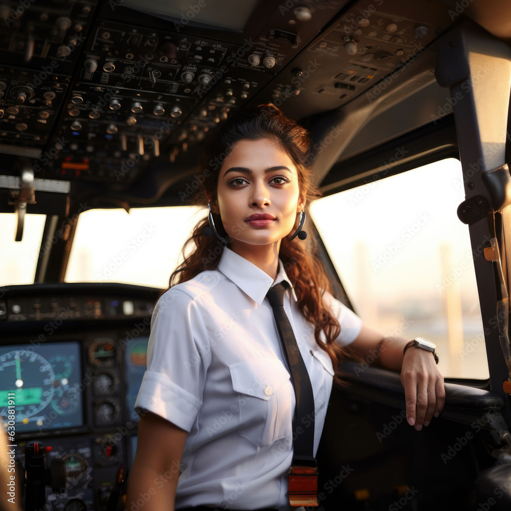 Pretty and confident Indian female pilot in uniform posing in cockpit ...