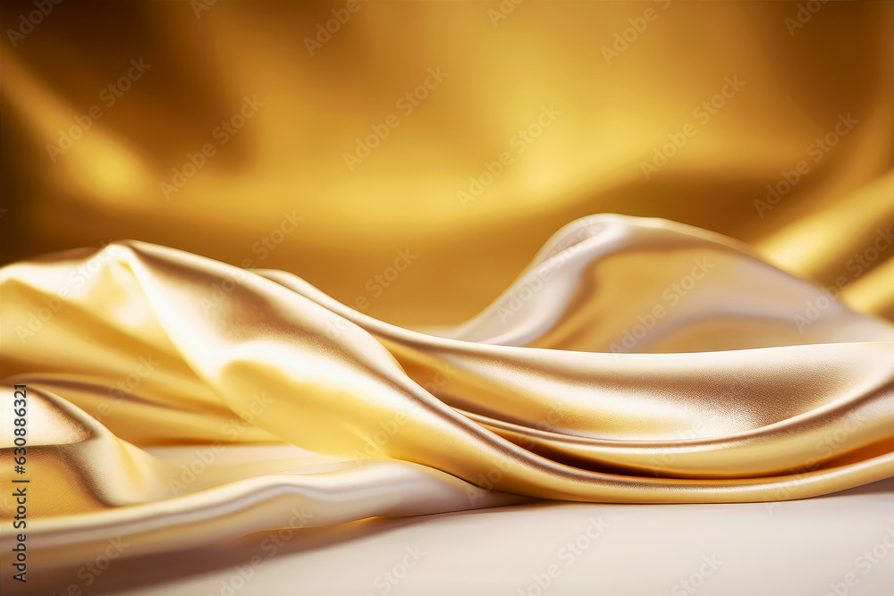 Golden silk fabric texture background. Gold and cream elegant luxury satin cloth with wave ...