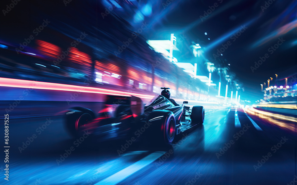 Colourful neon race car on the race track, Formula 1 at night competing ...