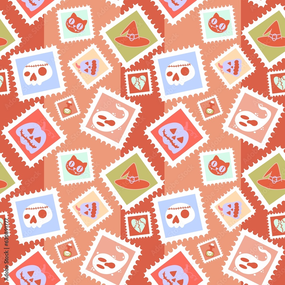 Postage stamps cartoon seamless Halloween pumpkins and ghost and poison ...