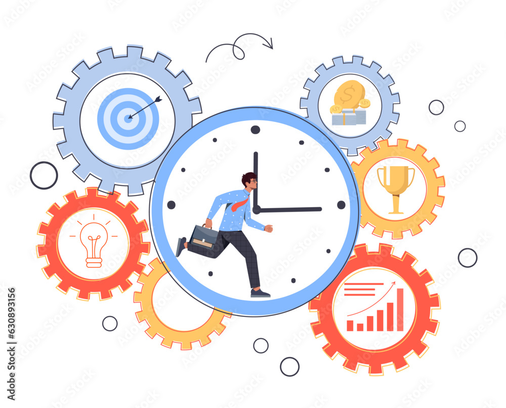 Ways to achieve goals concept. Man with suit in gears and coghweels ...