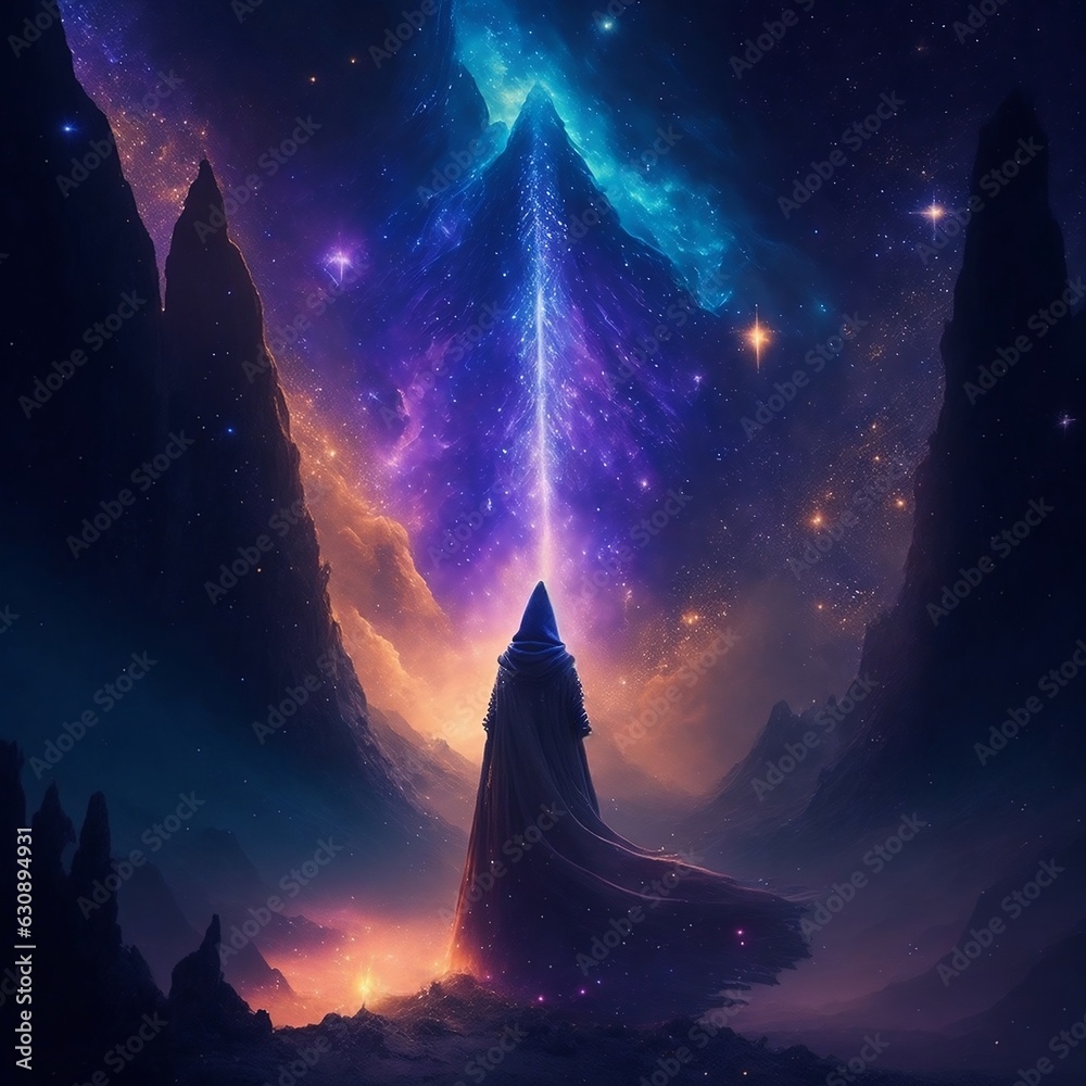 Amidst a celestial wonderland, where stars dance across the indigo canvas, a mythical being ...